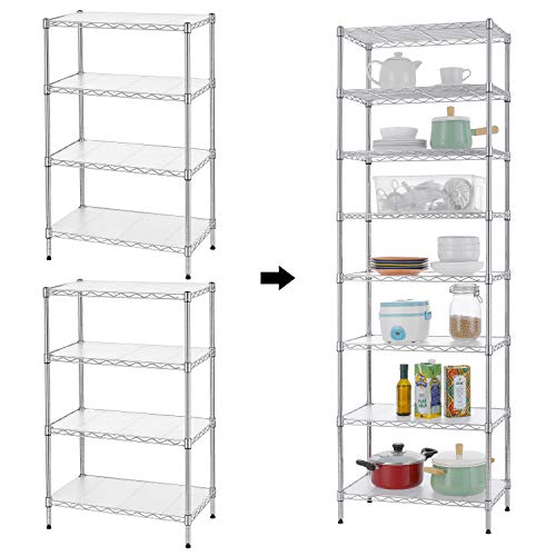 Finnhomy 8-Tier Wire Shelving Unit, Adjustable Pantry Shelves, 8 Shelves Metal Shelving for Storage, Wire Storage Racks or Two 4-Tier Shelving Units with 8 Pieces of PE mat, NSF Certified, Chrome