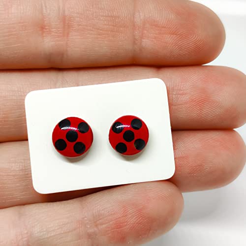 Stud Earrings, Ladybug, 10 mm, Handmade, Posts for Sensitive Ears