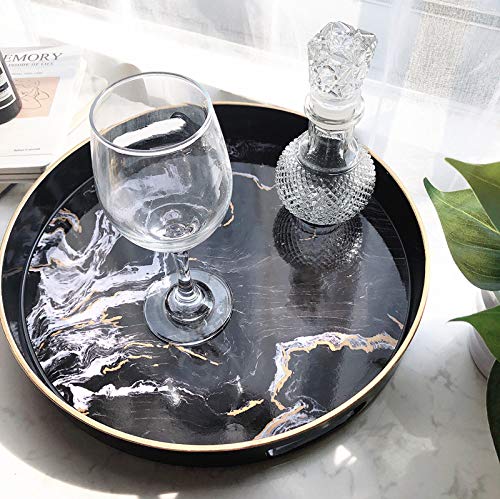 Zosenley Round Decorative Tray, Marbling Plastic Tray with Handles, Modern Vanity Tray and Serving Tray for Ottoman, Coffee Table, Kitchen and Bathroom, Size 13", Black