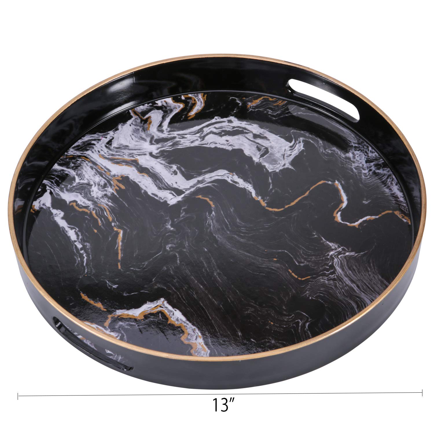 Zosenley Round Decorative Tray, Marbling Plastic Tray with Handles, Modern Vanity Tray and Serving Tray for Ottoman, Coffee Table, Kitchen and Bathroom, Size 13", Black