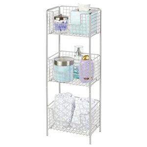 mdesign steel freestanding storage organizer tower rack basket shelf, metal 3-tier furniture unit for master/guest bathroom, powder room - holds bath towels, soap - concerto collection - stone gray