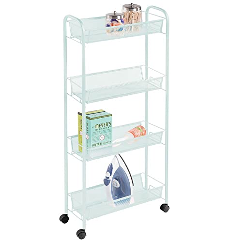 mDesign Slim Steel Metal Rolling Utility Cart Storage Organizer Trolley with 4 Basket Shelves for Laundry Room, Kitchen, Bathroom Organization, Narrow Holder for Detergent, Biro Collection, Mint Green