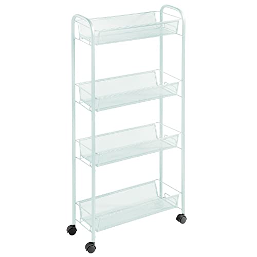 mDesign Slim Steel Metal Rolling Utility Cart Storage Organizer Trolley with 4 Basket Shelves for Laundry Room, Kitchen, Bathroom Organization, Narrow Holder for Detergent, Biro Collection, Mint Green