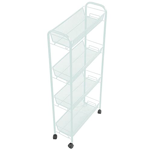 mDesign Slim Steel Metal Rolling Utility Cart Storage Organizer Trolley with 4 Basket Shelves for Laundry Room, Kitchen, Bathroom Organization, Narrow Holder for Detergent, Biro Collection, Mint Green