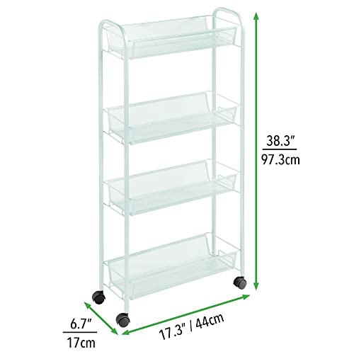 mDesign Slim Steel Metal Rolling Utility Cart Storage Organizer Trolley with 4 Basket Shelves for Laundry Room, Kitchen, Bathroom Organization, Narrow Holder for Detergent, Biro Collection, Mint Green