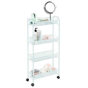 mDesign Slim Steel Metal Rolling Utility Cart Storage Organizer Trolley with 4 Basket Shelves for Laundry Room, Kitchen, Bathroom Organization, Narrow Holder for Detergent, Biro Collection, Mint Green