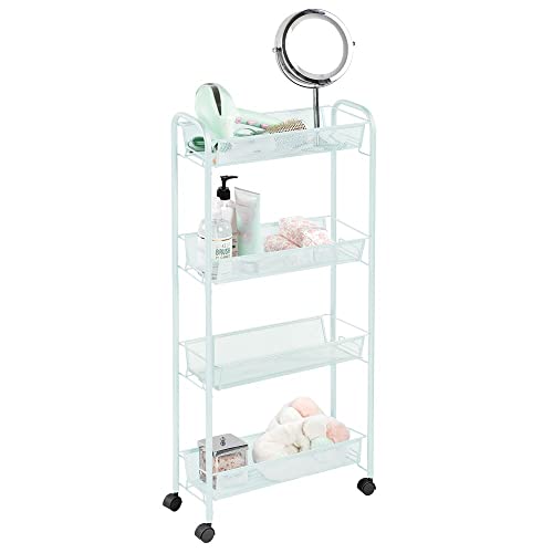 mDesign Slim Steel Metal Rolling Utility Cart Storage Organizer Trolley with 4 Basket Shelves for Laundry Room, Kitchen, Bathroom Organization, Narrow Holder for Detergent, Biro Collection, Mint Green