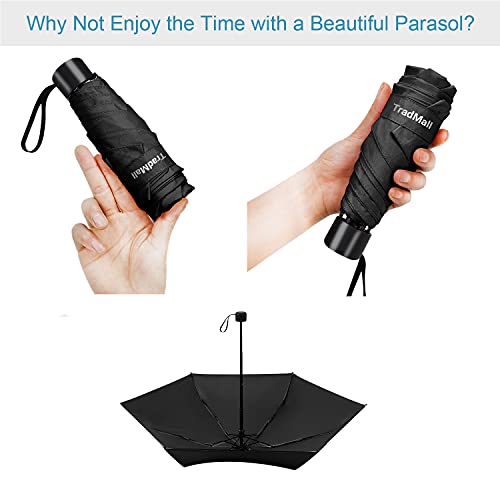 TradMall Mini Travel Umbrella, Portable Lightweight Compact Parasol with 95% UV Protection for Sun & Rain, Black