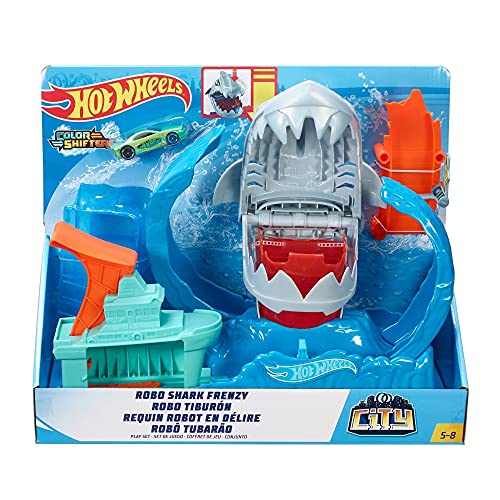 Hot Wheels Toy Car Track Set, Robo Shark Frenzy Playset & Color Shifters Car in 1:64 Scale, Color Change Area in Warm & Icy Cold Water