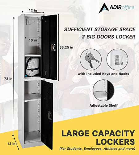 AdirOffice Large School Locker with 2 Doors 2 Hooks Storage Locker for Garage Storage - Office Storage Lockers (2 Door, Black)