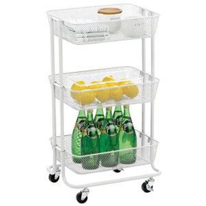 mdesign metal 3-tier portable rolling household storage cart for bathroom, kitchen, craft room, laundry room, and kid's playroom - 4 rotating wheels - white