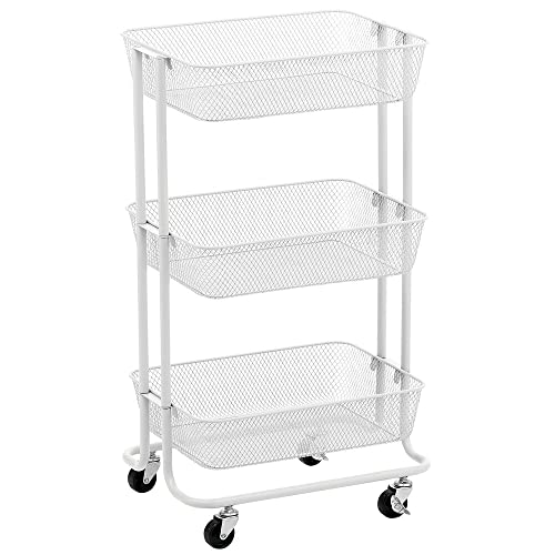 mDesign Metal 3-Tier Portable Rolling Household Storage Cart for Bathroom, Kitchen, Craft Room, Laundry Room, and Kid's Playroom - 4 Rotating Wheels - White