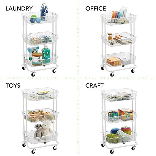 mDesign Metal 3-Tier Portable Rolling Household Storage Cart for Bathroom, Kitchen, Craft Room, Laundry Room, and Kid's Playroom - 4 Rotating Wheels - White