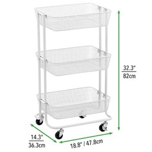 mDesign Metal 3-Tier Portable Rolling Household Storage Cart for Bathroom, Kitchen, Craft Room, Laundry Room, and Kid's Playroom - 4 Rotating Wheels - White