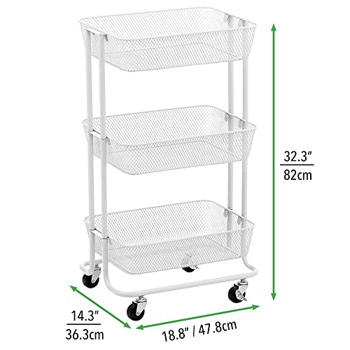 mDesign Metal 3-Tier Portable Rolling Household Storage Cart for Bathroom, Kitchen, Craft Room, Laundry Room, and Kid's Playroom - 4 Rotating Wheels - White