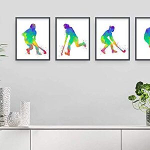 Field Hockey Player Abstract Wall Art, 8x10, Ready to Frame Set of 4 Prints, Ideal for Female Players, Coaches and Hockey Fans - Great Teen Girl Bedroom, Hockey Club Locker Room or Dorm Room Décor