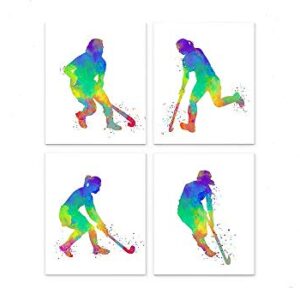 Field Hockey Player Abstract Wall Art, 8x10, Ready to Frame Set of 4 Prints, Ideal for Female Players, Coaches and Hockey Fans - Great Teen Girl Bedroom, Hockey Club Locker Room or Dorm Room Décor