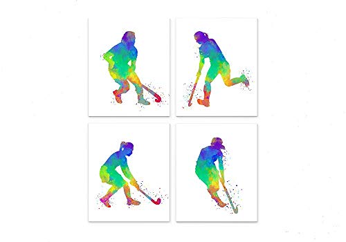 Field Hockey Player Abstract Wall Art, 8x10, Ready to Frame Set of 4 Prints, Ideal for Female Players, Coaches and Hockey Fans - Great Teen Girl Bedroom, Hockey Club Locker Room or Dorm Room Décor