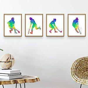 Field Hockey Player Abstract Wall Art, 8x10, Ready to Frame Set of 4 Prints, Ideal for Female Players, Coaches and Hockey Fans - Great Teen Girl Bedroom, Hockey Club Locker Room or Dorm Room Décor