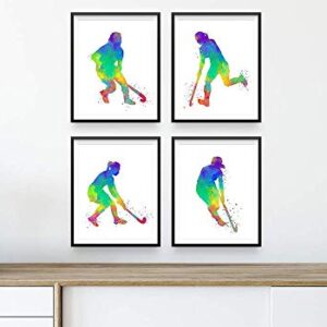 Field Hockey Player Abstract Wall Art, 8x10, Ready to Frame Set of 4 Prints, Ideal for Female Players, Coaches and Hockey Fans - Great Teen Girl Bedroom, Hockey Club Locker Room or Dorm Room Décor