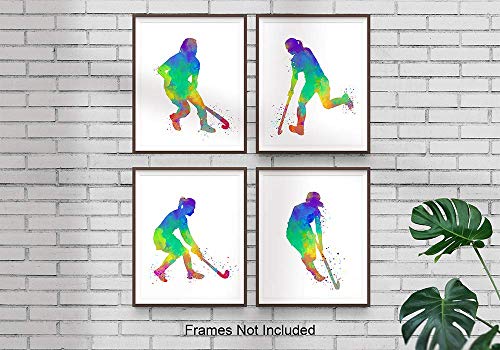 Field Hockey Player Abstract Wall Art, 8x10, Ready to Frame Set of 4 Prints, Ideal for Female Players, Coaches and Hockey Fans - Great Teen Girl Bedroom, Hockey Club Locker Room or Dorm Room Décor