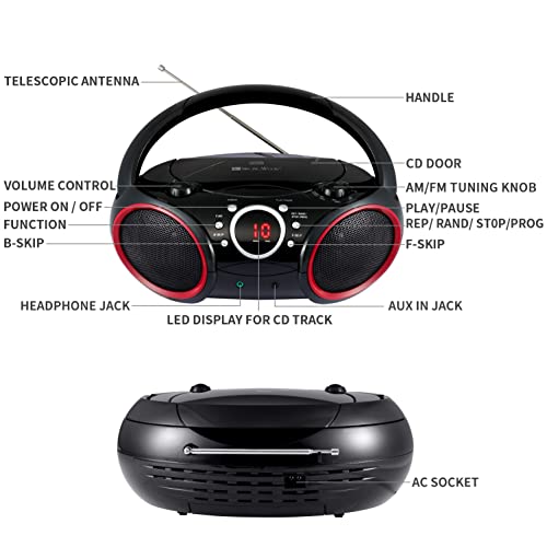 SINGING WOOD 030C Portable CD Player Boombox with AM FM Stereo Radio, Aux Line in, Headphone Jack, Supported AC or Battery Powered (Black with a Touch of Red Rims)