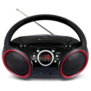 singing wood 030c portable cd player boombox with am fm stereo radio, aux line in, headphone jack, supported ac or battery powered (black with a touch of red rims)