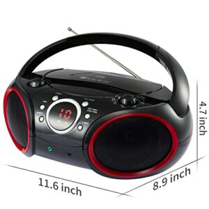 SINGING WOOD 030C Portable CD Player Boombox with AM FM Stereo Radio, Aux Line in, Headphone Jack, Supported AC or Battery Powered (Black with a Touch of Red Rims)