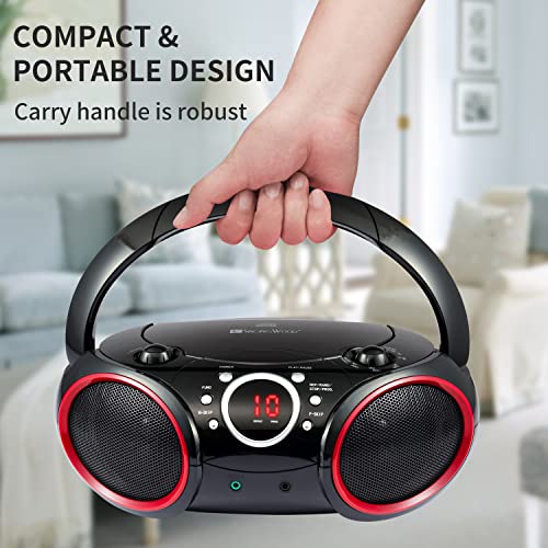 SINGING WOOD 030C Portable CD Player Boombox with AM FM Stereo Radio, Aux Line in, Headphone Jack, Supported AC or Battery Powered (Black with a Touch of Red Rims)