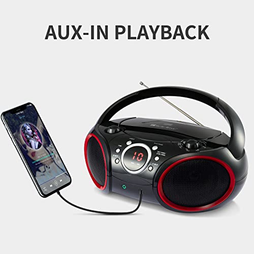 SINGING WOOD 030C Portable CD Player Boombox with AM FM Stereo Radio, Aux Line in, Headphone Jack, Supported AC or Battery Powered (Black with a Touch of Red Rims)