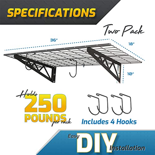 MonsterRax | Garage Wall Shelf Two-Pack White or Hammertone | Three Size Options | Includes Bike Hooks | 500lb Weight Capacity (Hammertone, 18"x36")