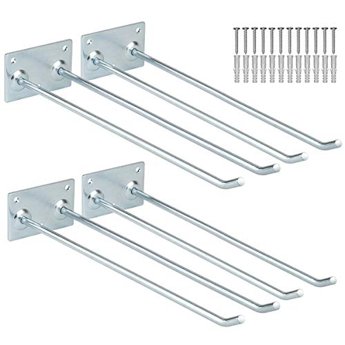 Wall Mounted Steel Long Handled Tools Storage Hooks, 12 Inch Steel Garage Utility Double Rack Organizing Ladders, Rakes, Hose, Shovel, Brooms, Max Capacity 55Lbs (Pack of 4 )