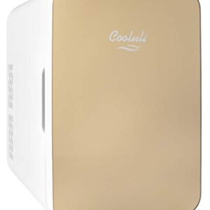 Cooluli 10L Mini Fridge for Bedroom - Car, Office Desk & College Dorm Room - 12v Portable Cooler & Warmer for Food, Drinks, Skincare, Beauty & Makeup - AC/DC Small Refrigerator with Glass Front, Gold