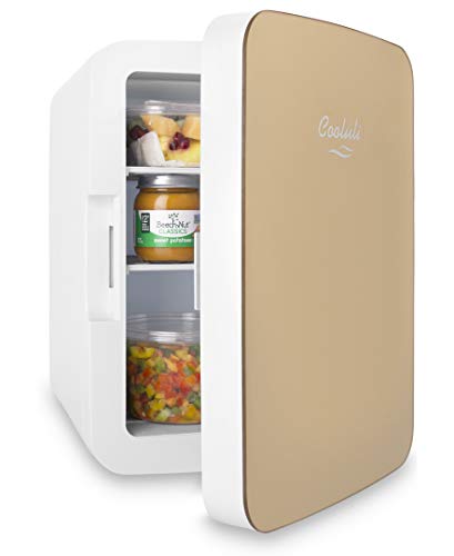 Cooluli 10L Mini Fridge for Bedroom - Car, Office Desk & College Dorm Room - 12v Portable Cooler & Warmer for Food, Drinks, Skincare, Beauty & Makeup - AC/DC Small Refrigerator with Glass Front, Gold