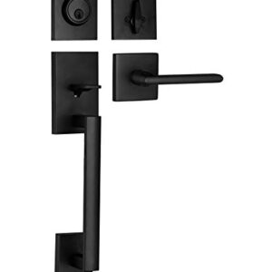 Berlin Modisch HandleSet Front Door Entry Handle and Deadbolt Lock Set Slim Square Single Cylinder Deadbolt and Lever Reversible for Right & Left Sided Doors Heavy Duty – Iron Black Finish