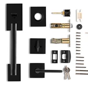 Berlin Modisch HandleSet Front Door Entry Handle and Deadbolt Lock Set Slim Square Single Cylinder Deadbolt and Lever Reversible for Right & Left Sided Doors Heavy Duty – Iron Black Finish