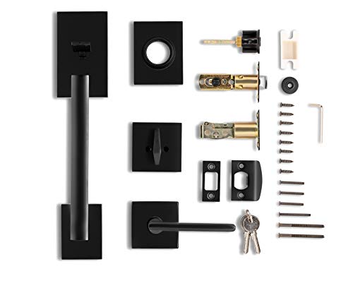 Berlin Modisch HandleSet Front Door Entry Handle and Deadbolt Lock Set Slim Square Single Cylinder Deadbolt and Lever Reversible for Right & Left Sided Doors Heavy Duty – Iron Black Finish