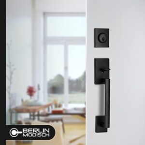 Berlin Modisch HandleSet Front Door Entry Handle and Deadbolt Lock Set Slim Square Single Cylinder Deadbolt and Lever Reversible for Right & Left Sided Doors Heavy Duty – Iron Black Finish