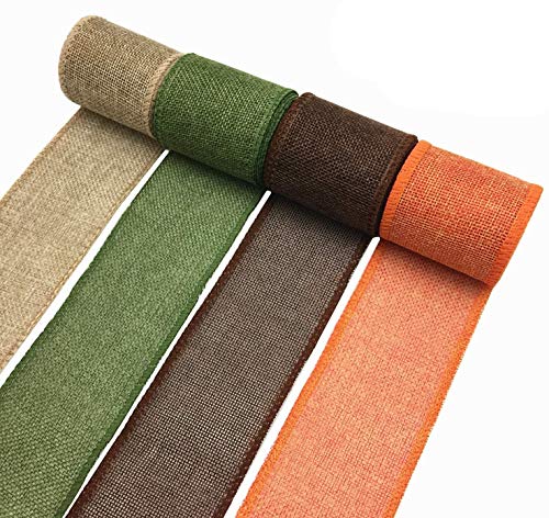 OZXCHIXU Burlap Wired Ribbon Rolls, Wrapping Burlap Ribbon Natural Orange Brown Olive Green Jute, for Christmas Crafts Decoration Wedding Floral Bows Trims Craft 13.2 Yards 2.4 Inch