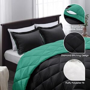 Basic Beyond Queen Comforter Set - Green Comforter Set Queen, Reversible Bed Comforter Queen Set for All Seasons, Black/Mint Leaf, 1 Comforter (88"x92") and 2 Pillow Shams (20"x26"+2")