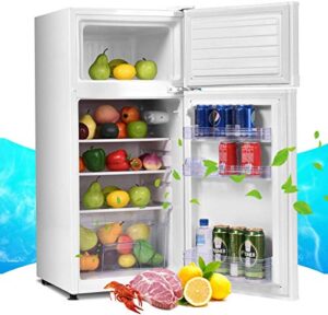 reuniong, white 2-door compact refrigerator, counter fridge with large 3.4 cu. ft. capacity, freezer unit with removable glass shelves and adjustable legs for kitchen, dorm, apartment and office