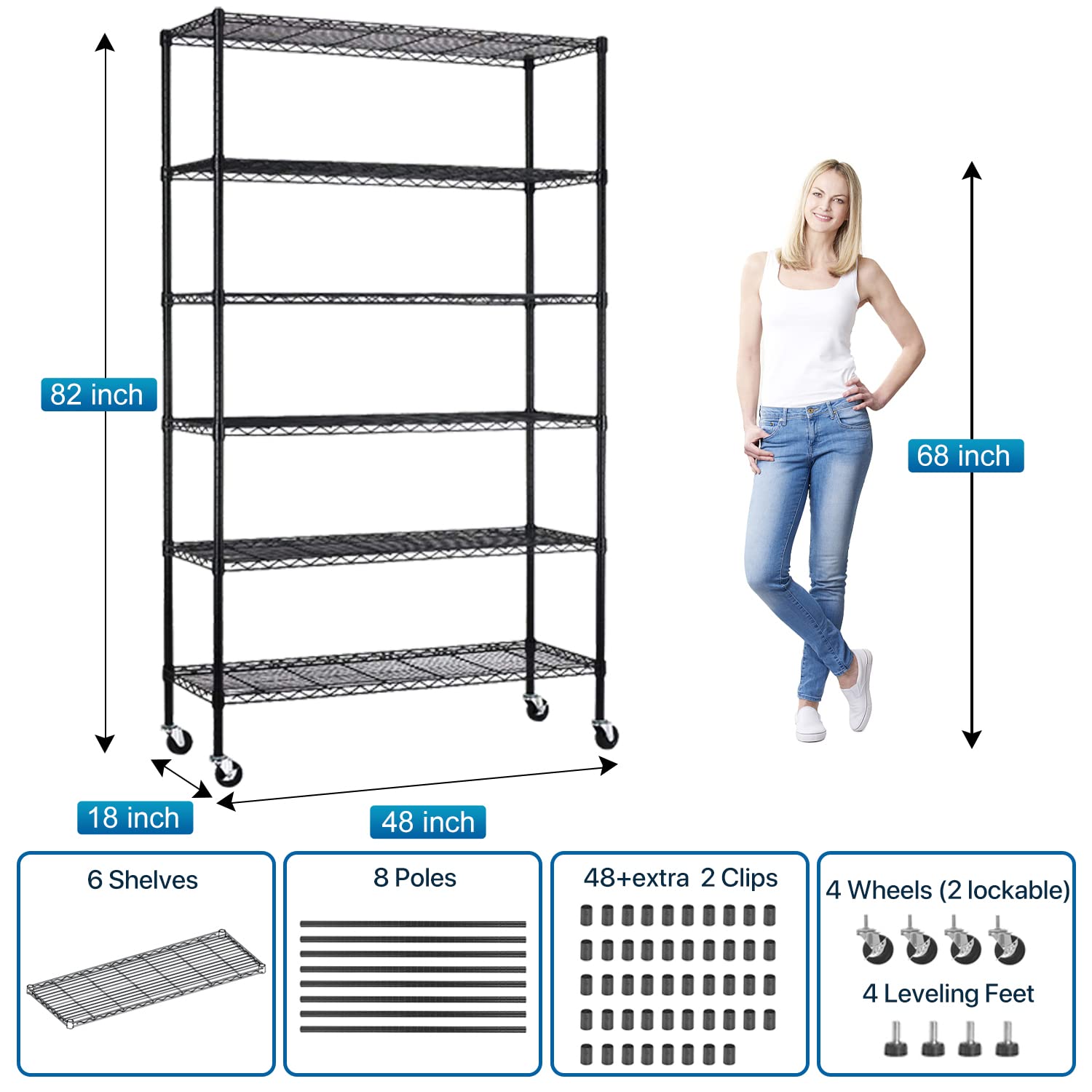 Storage Shelves Metal Shelf Wire Shelving Unit with Wheels 6 Tier NSF Certification Height Adjustable Garage Shelving Utility Steel Heavy Duty Commercial Grade Shelving Rack for Garage Pantry Kitchen