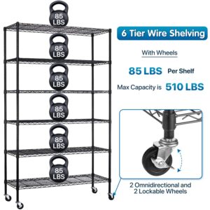 Storage Shelves Metal Shelf Wire Shelving Unit with Wheels 6 Tier NSF Certification Height Adjustable Garage Shelving Utility Steel Heavy Duty Commercial Grade Shelving Rack for Garage Pantry Kitchen