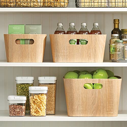 mDesign Wood Print Food Bin Box with Handles - Rustic Basket for Kitchen and Pantry Vegetable and Potato Storage - Perfect for Garlic, Onions, Fruit, and More - 16" Long - 4 Pack - Natural