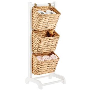 mdesign water hyacinth 3-tiered storage baskets floor stand with market basket storage bins - vertical standing rack for living room, laundry, bedroom, bathroom, office organization - white/natural