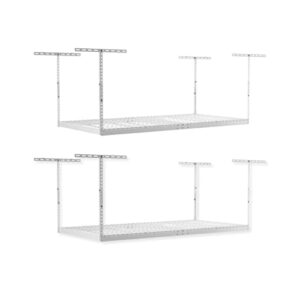 monsterrax overhead garage storage rack- 4 x 8 ceiling rack for garage shelving, organization, & storage, adjustable hanging storage for bikes, equipment & accessories (white, 18"-33", 2-pack).