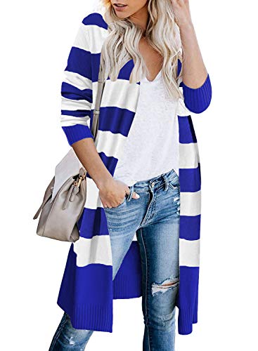 CARDYDONY Women's Long Sleeve Novelty Knit Cardigan Sweater Stripe Royal Blue M