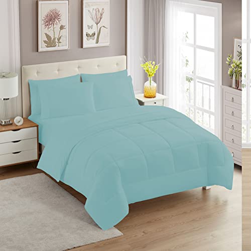 Sweet Home Collection 5 Piece Comforter Set Bag Solid Color All Season Soft Down Alternative Blanket & Luxurious Microfiber Bed Sheets, Misty Blue, Twin