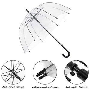 WASING 10 Pack 46 Inch Clear Bubble Umbrellas Wedding Style Large Canopy Transparent Stick Umbrellas Auto Open Windproof with Black European J Hook Handle Outdoor Umbrella for Adult