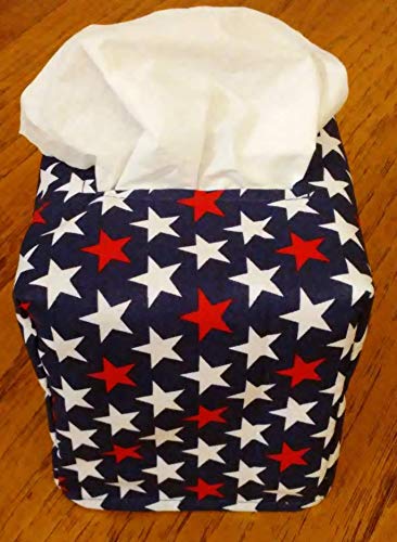 Tissue Box Cover, Square, Handmade Bold Stars - Red and White Stars on Blue Fabric Tissue Box Cover